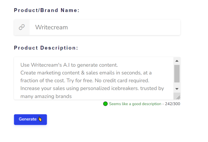 Free Product Description Generator - Writecream