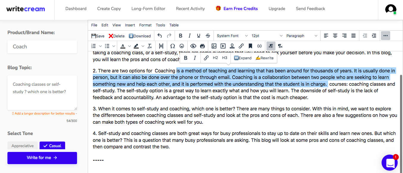 Writecream's Long-Form Editor V2: New UI, Expand, Rewrite, Plagiarism ...