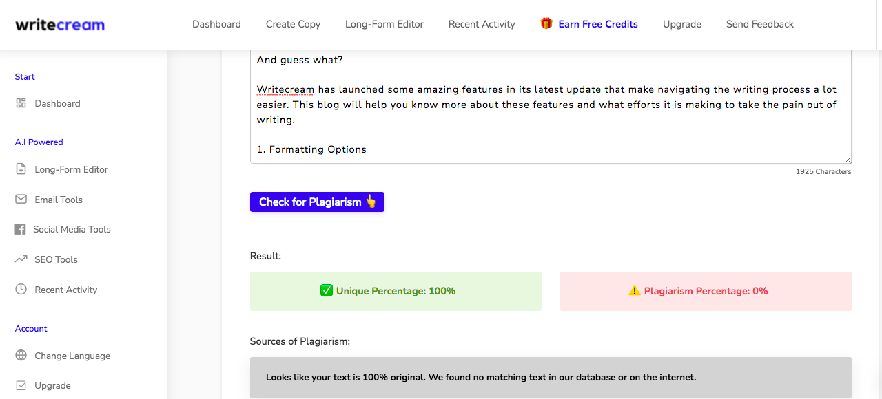 Writecream's Long-Form Editor V2: New UI, Expand, Rewrite, Plagiarism ...