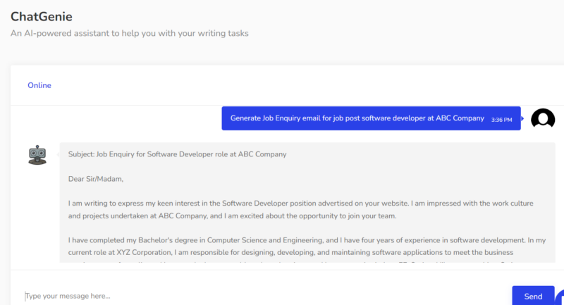 Free Job Enquiry Email Generator - Writecream