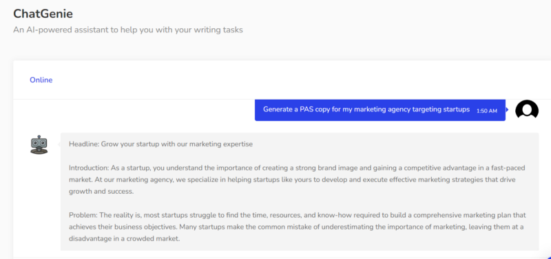 Free Pas Copywriting Tool - Writecream
